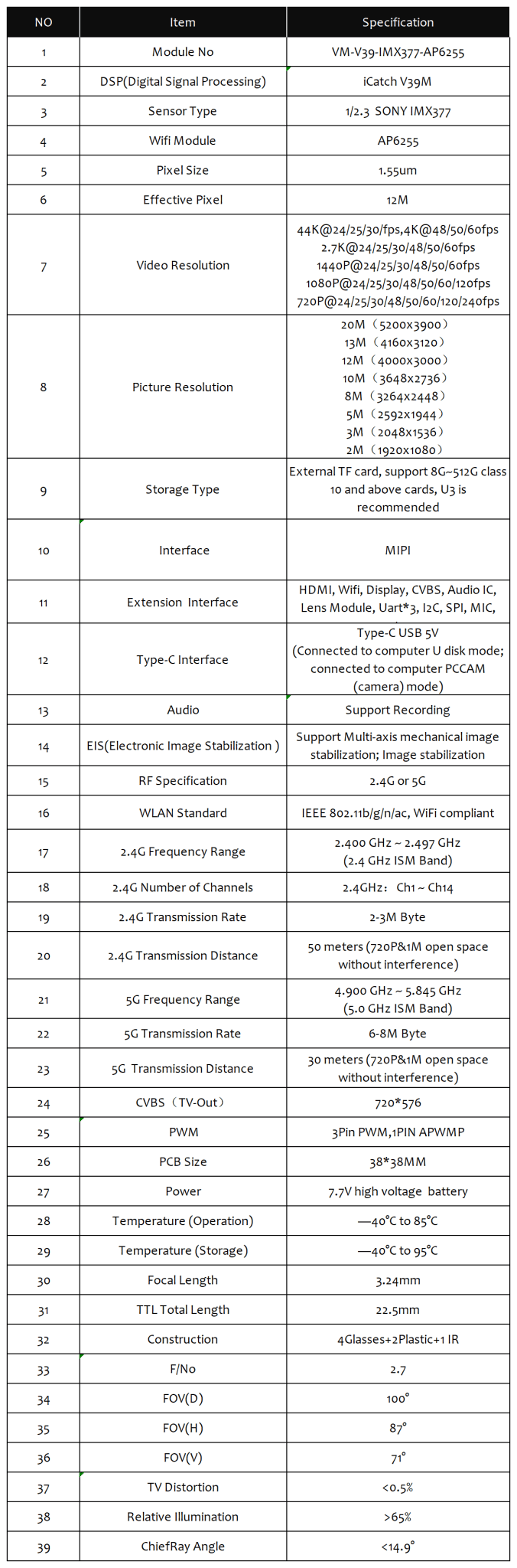 12M iCatch V39M Sony IMX377 Anti-Shake Wireless Camera Module